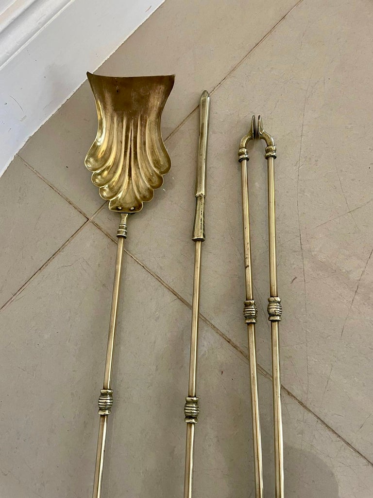 Antique George III Quality Set of 3 Brass Fire Irons For Sale at 1stDibs