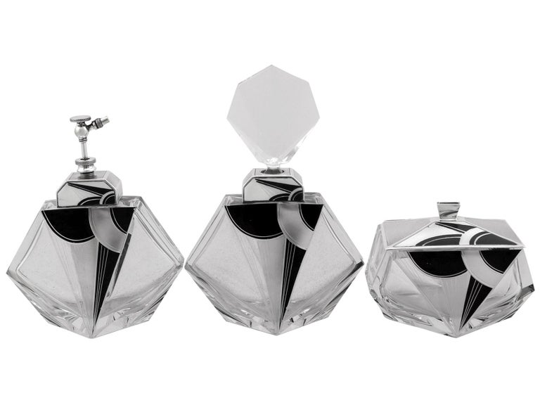 Antique Art Deco Glass Sterling Silver and Enamel Dressing Table Set at ...