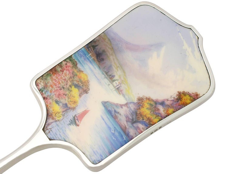 Antique English Sterling Silver and Enamel Hand Mirror For Sale at 1stDibs