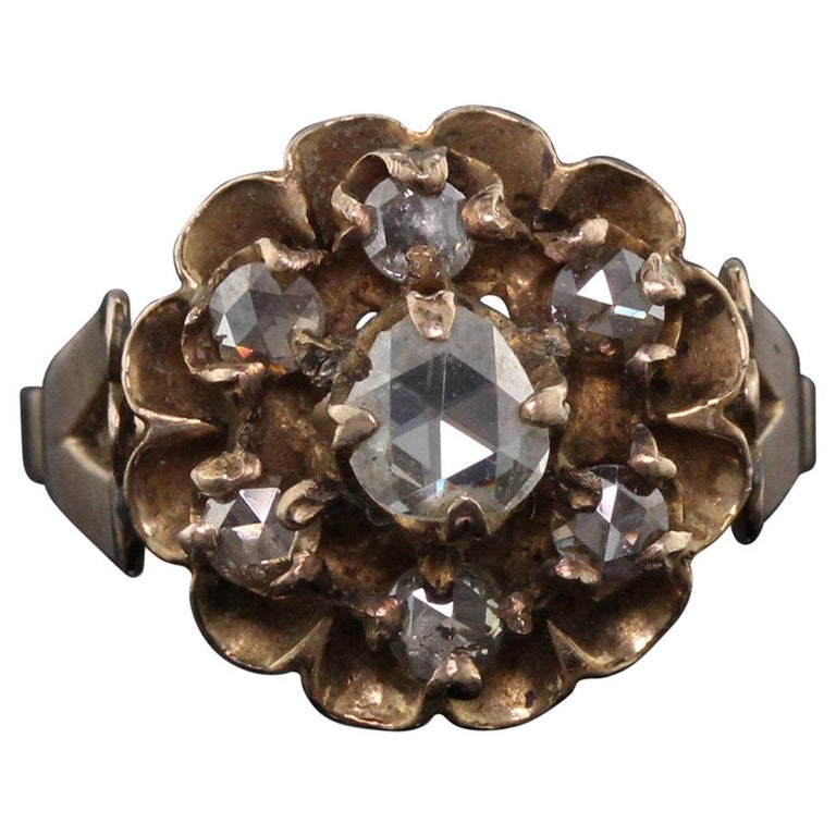 Antique Georgian 10 Karat Yellow and Rose Cut Diamond Cluster Ring at ...