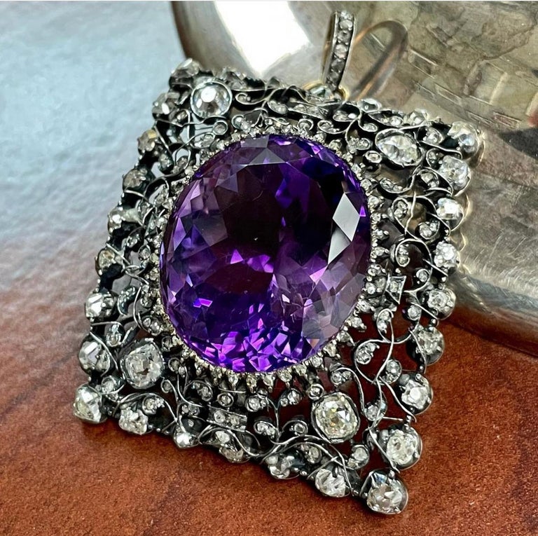 Antique Georgian 14k Silver Amethyst Diamond Pendant For Sale at 1stDibs