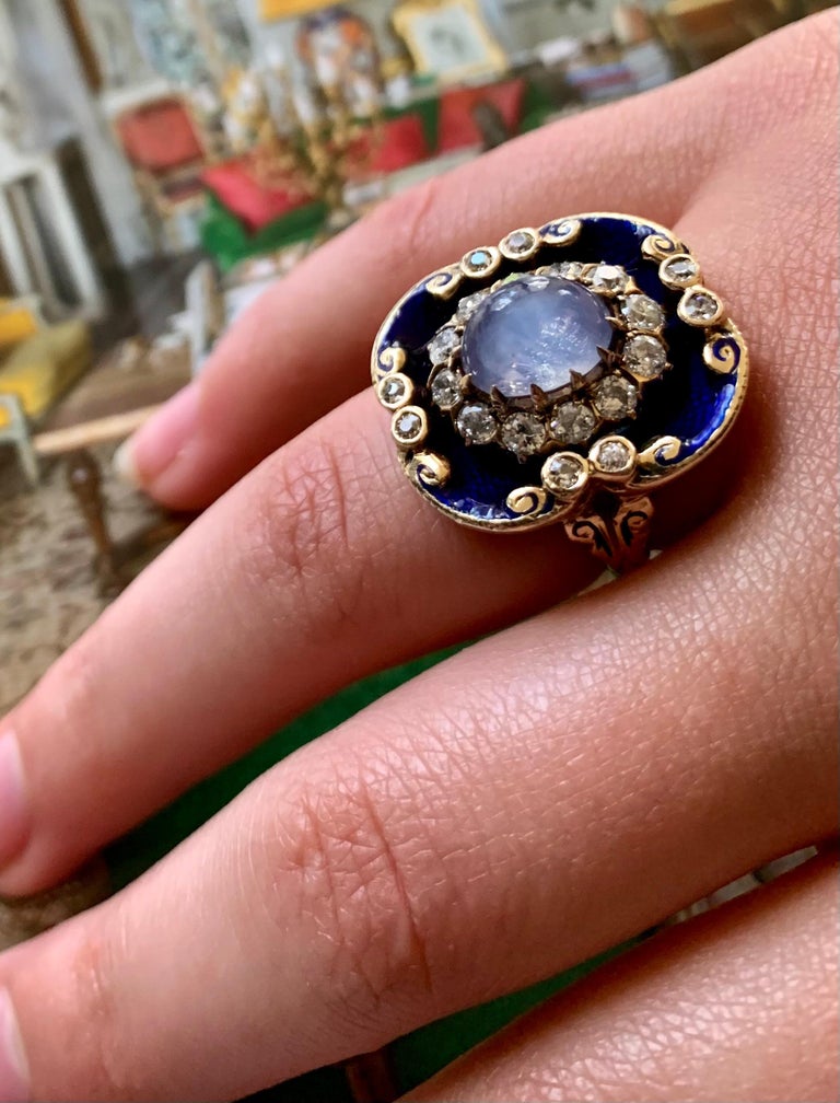 Antique Georgian Star Sapphire Diamond Guilloche Enamel 14K Gold Ring ...