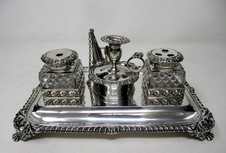 Antique Georgian Sterling Silver Crystal Desk Inkstand Joseph Craddock ...