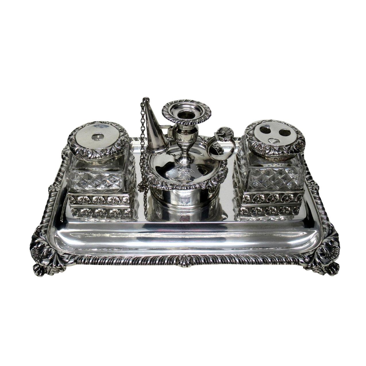 Antique Georgian Sterling Silver Crystal Desk Inkstand Joseph Craddock ...