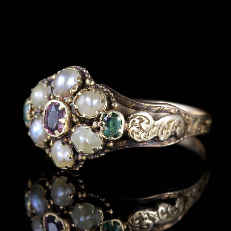 Antique Georgian Ring 18 Carat Gold Garnet Emerald Pearl, circa 1800 ...