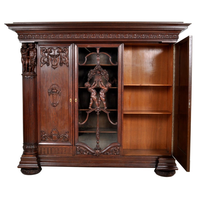 Antique German Baroque Revival Carved Oak Bookcase Bibliotheque Library ...