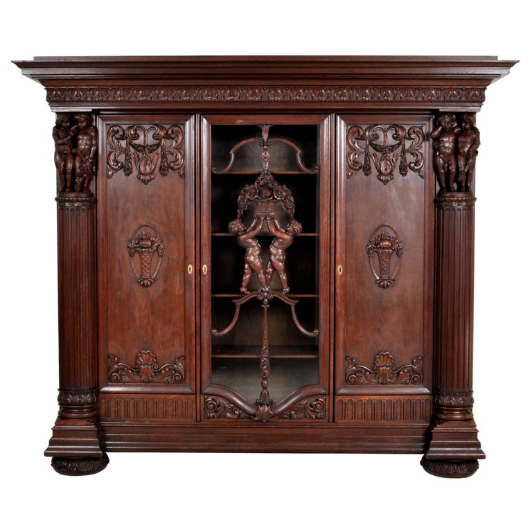 Antique German Baroque Revival Carved Oak Bookcase Bibliotheque Library ...