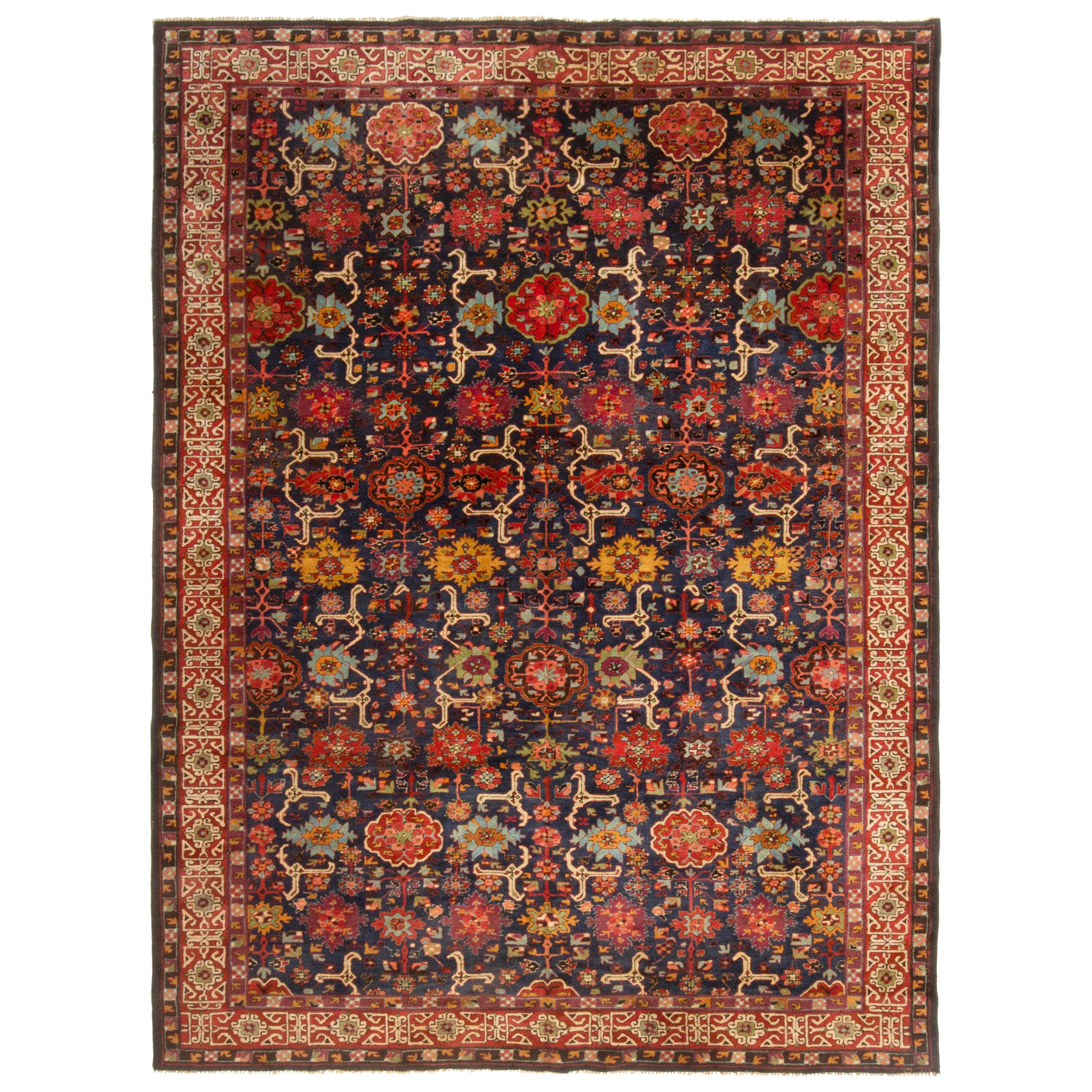 Antique German Blue and Red Rug with Floral Patterns For Sale at 1stDibs