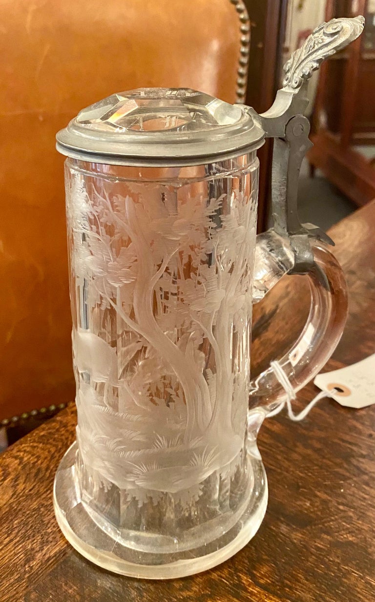 Antique German Carved Crystal and Pewter 1/2 Liter Stein, circa 1890's ...