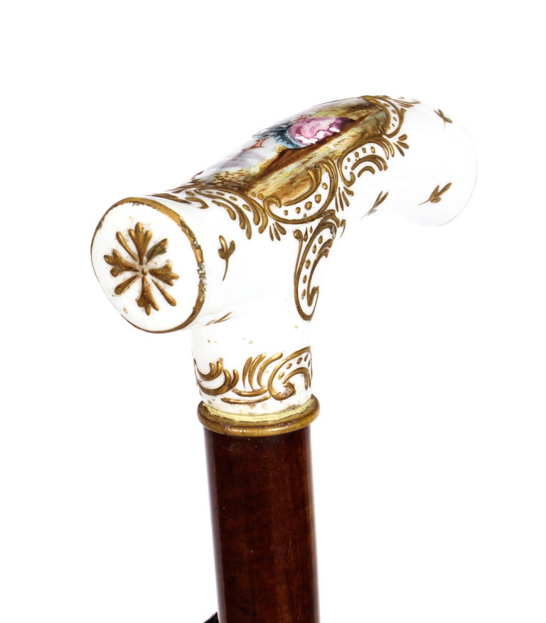Antique German Hand Painted Porcelain Pommel Walking Stick Cane, 19th ...