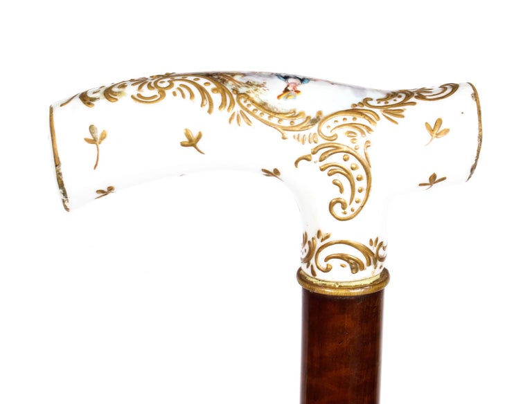 Antique German Hand Painted Porcelain Pommel Walking Stick Cane, 19th ...