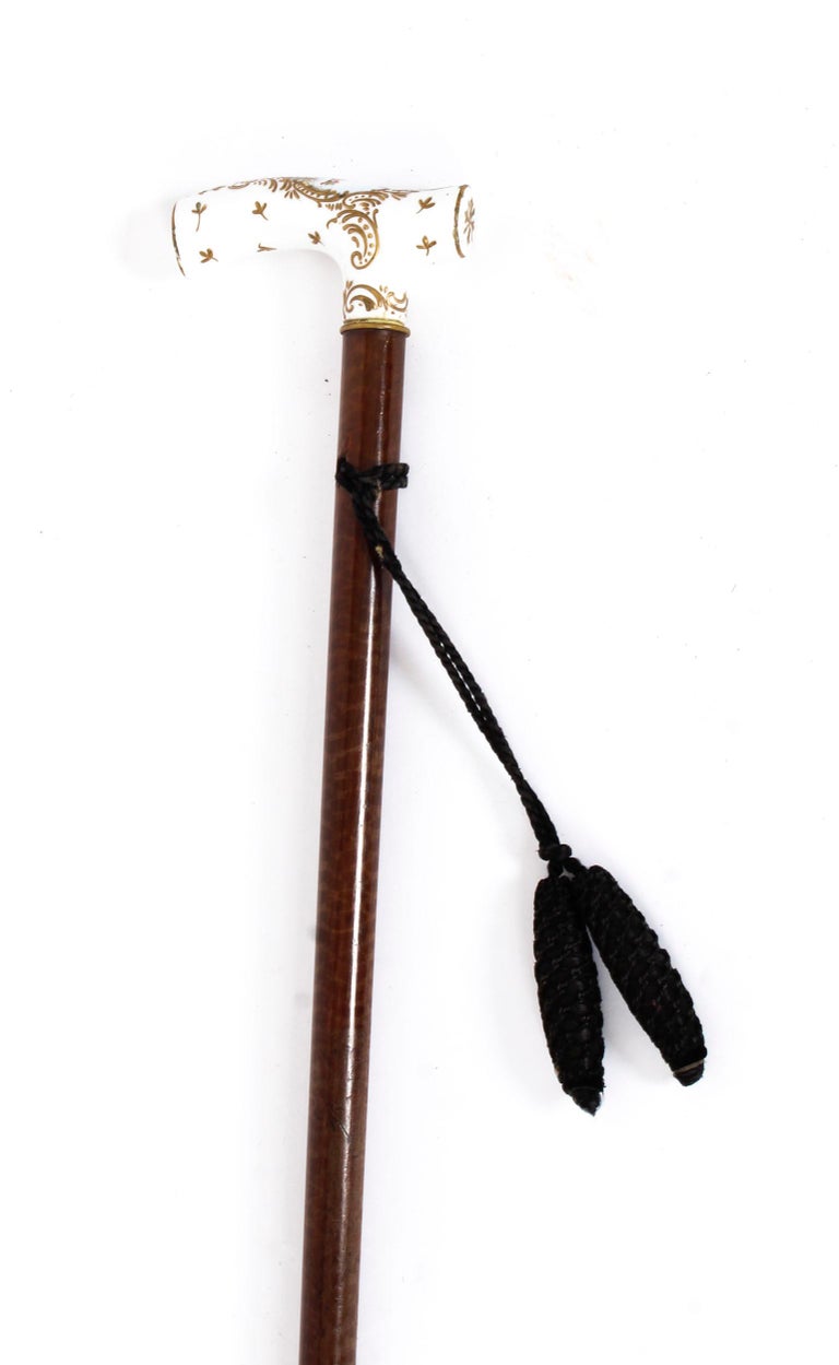 Antique German Hand Painted Porcelain Pommel Walking Stick Cane, 19th ...