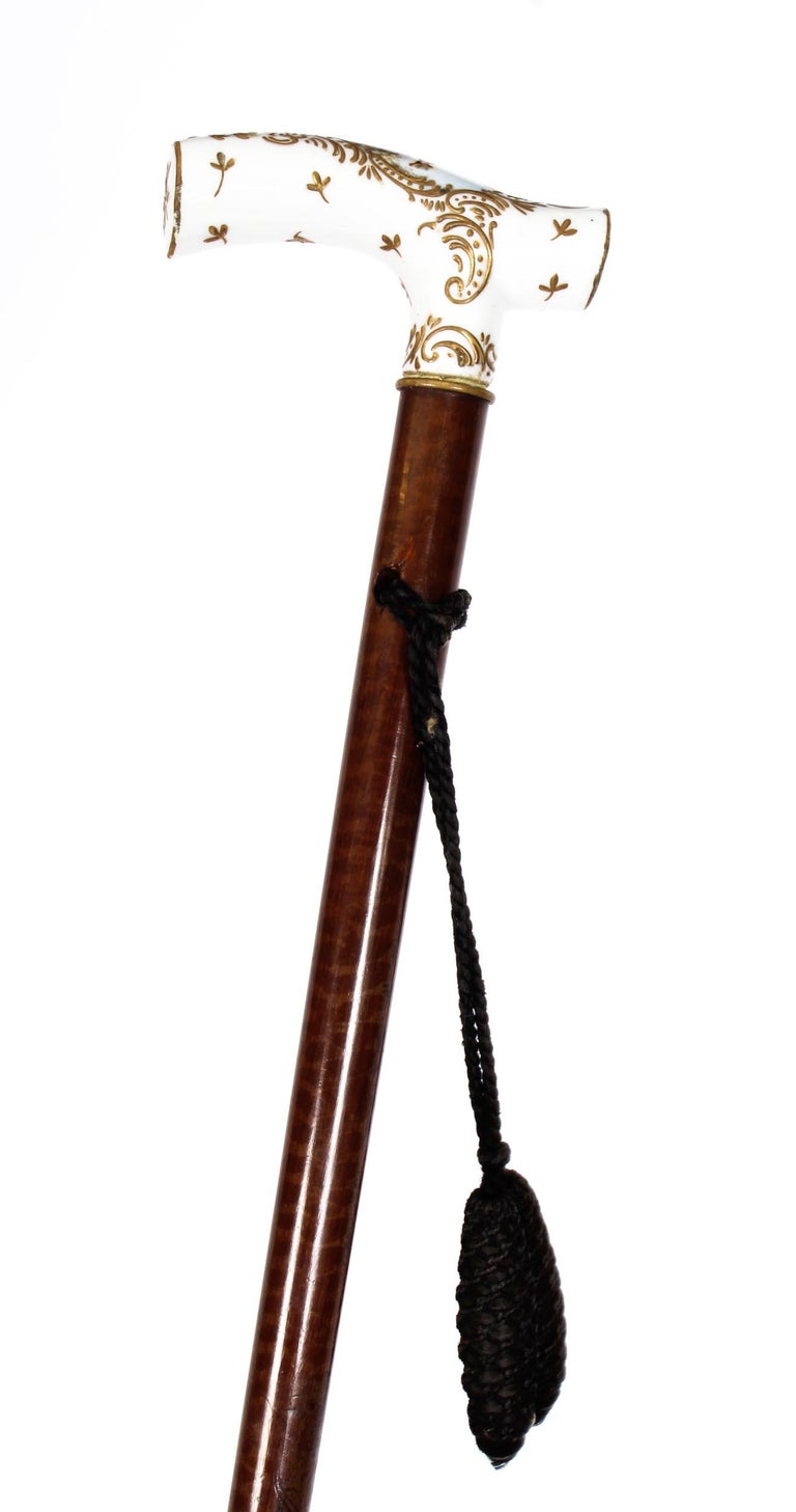 Antique German Hand Painted Porcelain Pommel Walking Stick Cane, 19th ...