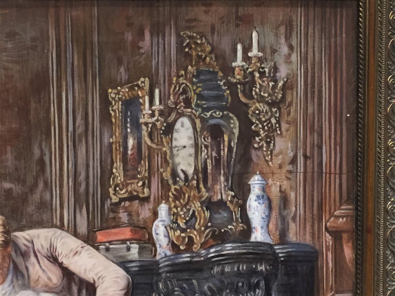 Antique German Miniature Painting of Four Noblemen in Baroque Interior ...