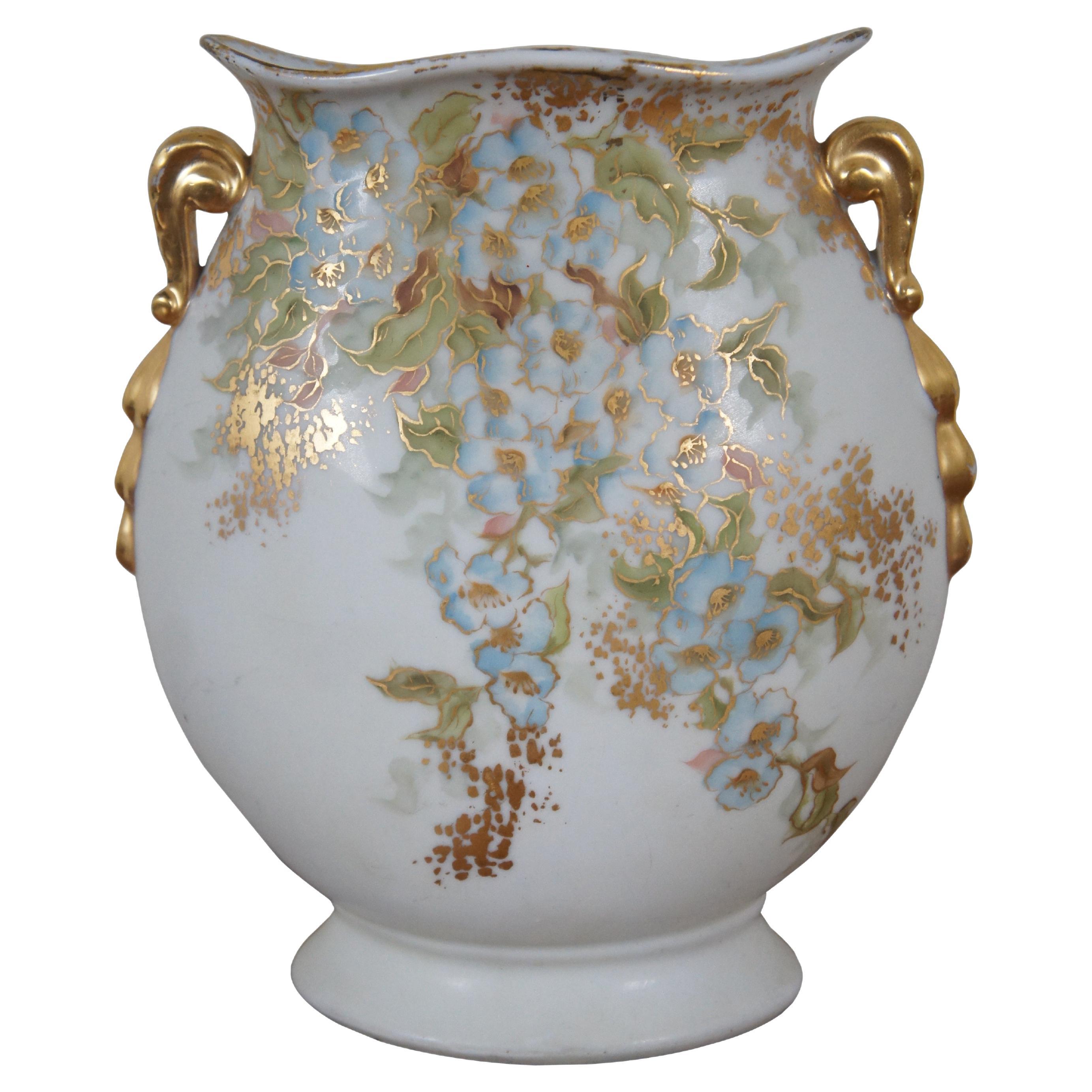 Antique German Porcelain Gilded Blue Floral Flat Pocket Bud Flower Vase ...