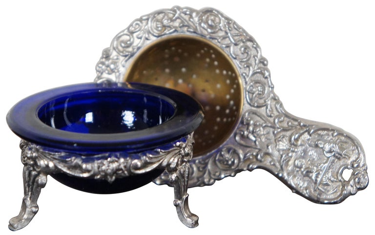 Antique German Repousse Silver Plate Cobalt Glass Salt Cellar Tea ...