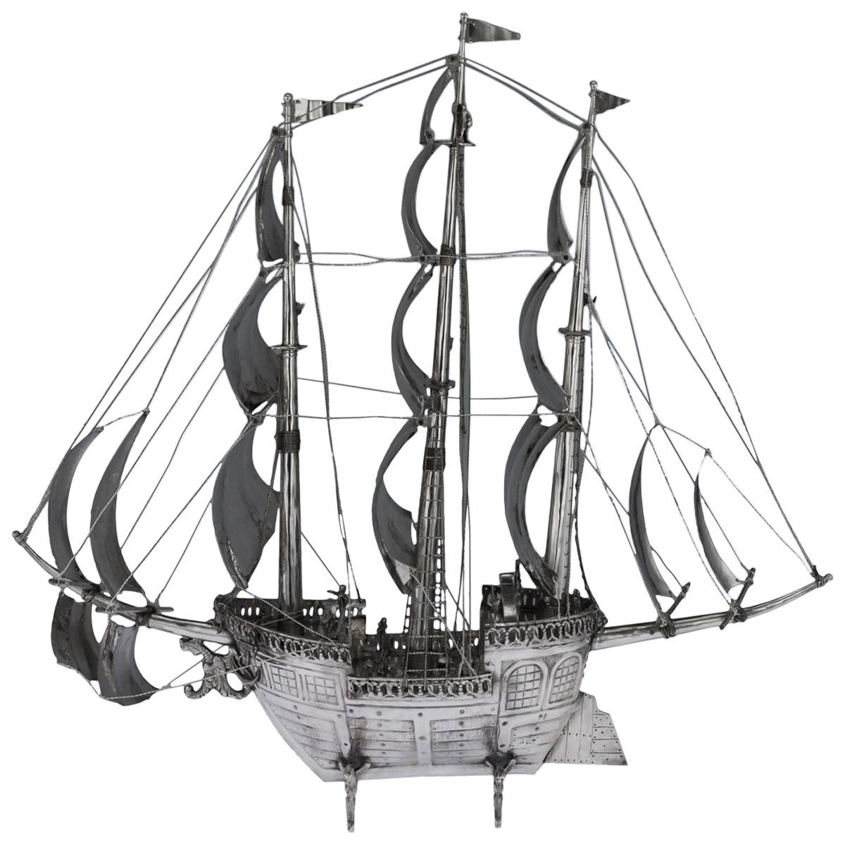 Antique German Solid Silver Impressive Large Nef Galleon Ship, circa ...