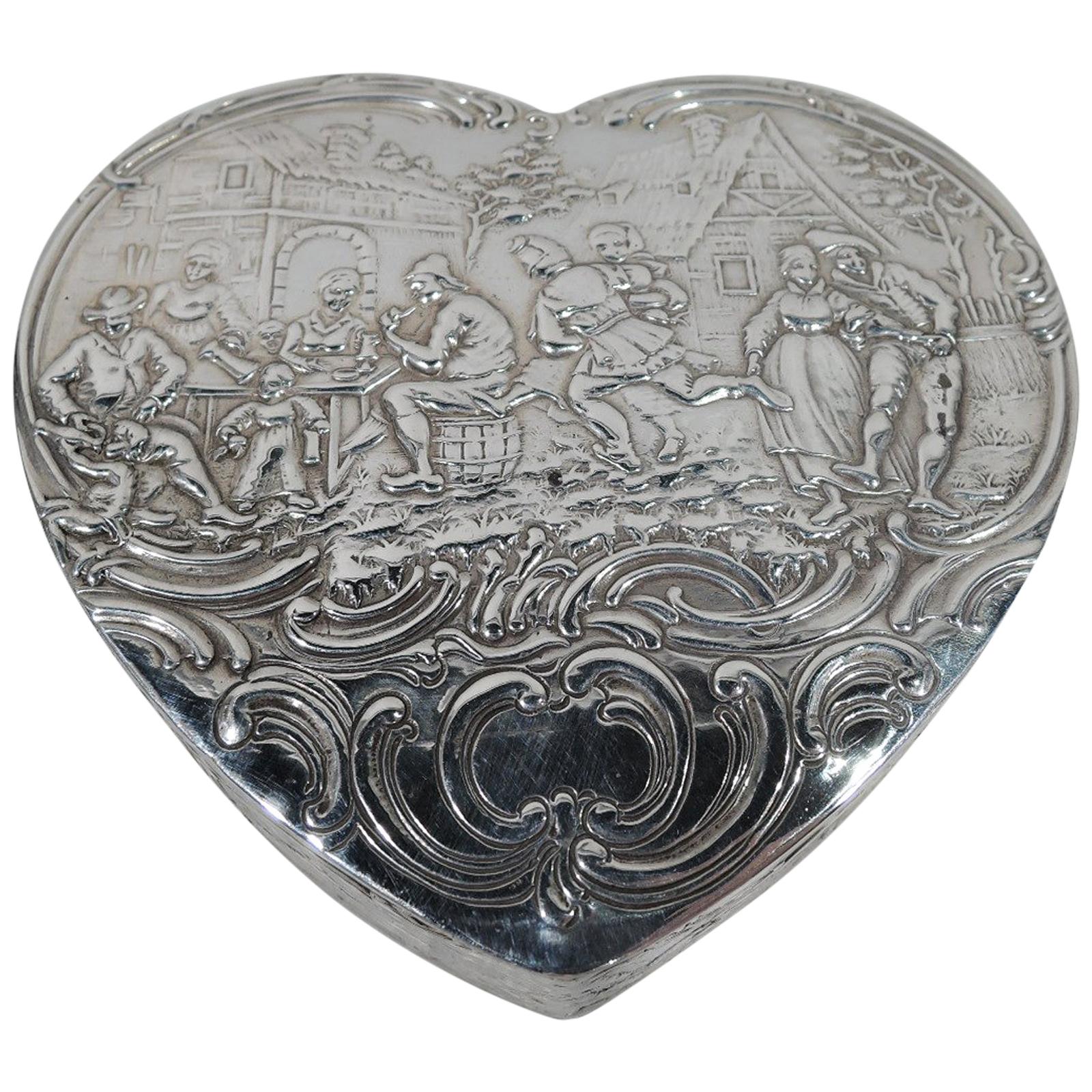 Antique German Sterling Silver Olden-Days Heart Box For Sale at 1stDibs