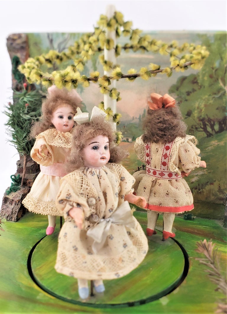 Antique German Toy Automaton Music Box with Girls Dancing Around the ...