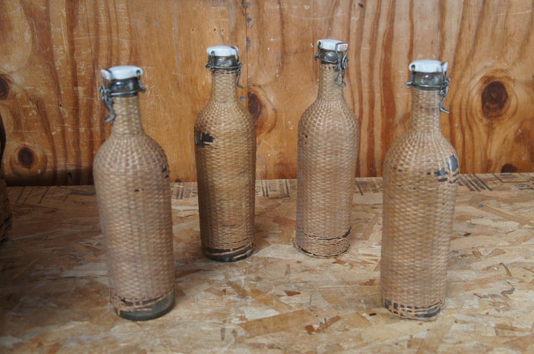 Antique German Wicker Picnic Basket Travel Set Bohemian Enamel Flatware ...