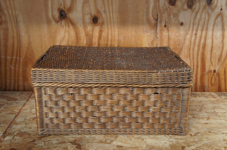 Antique German Wicker Picnic Basket Travel Set Bohemian Enamel Flatware ...