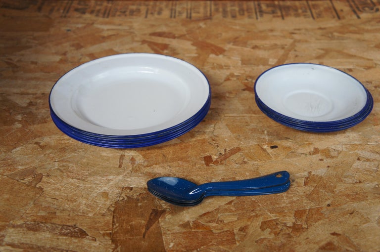 Antique German Wicker Picnic Basket Travel Set Bohemian Enamel Flatware ...