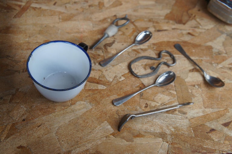 Antique German Wicker Picnic Basket Travel Set Bohemian Enamel Flatware ...