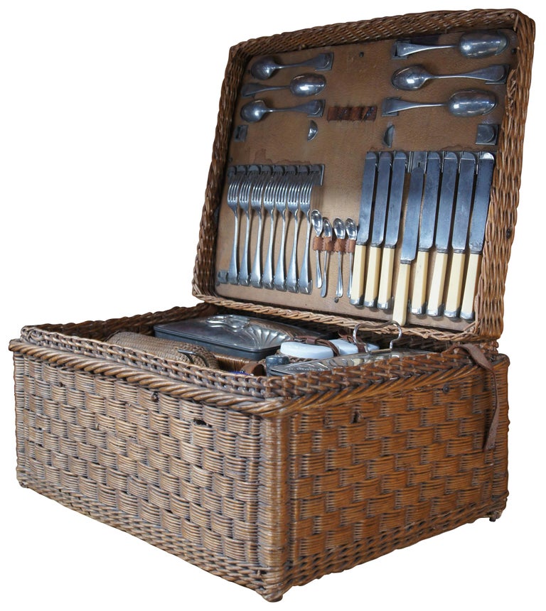 Antique German Wicker Picnic Basket Travel Set Bohemian Enamel Flatware ...
