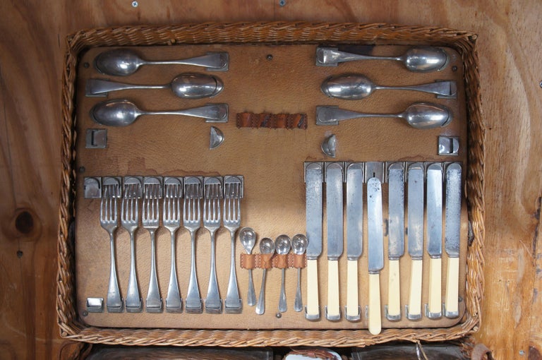 Antique German Wicker Picnic Basket Travel Set Bohemian Enamel Flatware ...