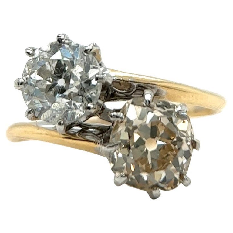 Antiker GIA 1,27 Diamantring mit altem Euroschliff and 1,38 im alten Minenschliff 18K Toi et Moi ...