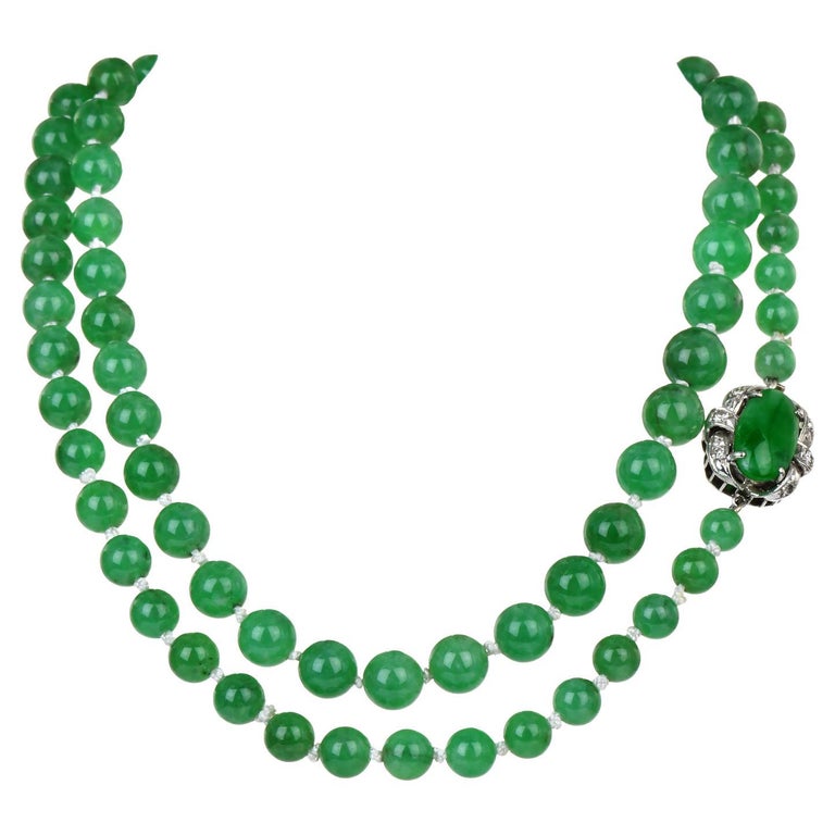 Antique GIA Vivid Natural Jade Diamond Deco Jade Gold Clasp Strand ...