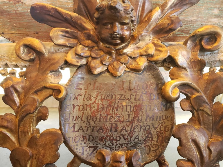 Antique Gilded Cherub Cartouche Fragment with Script at 1stDibs