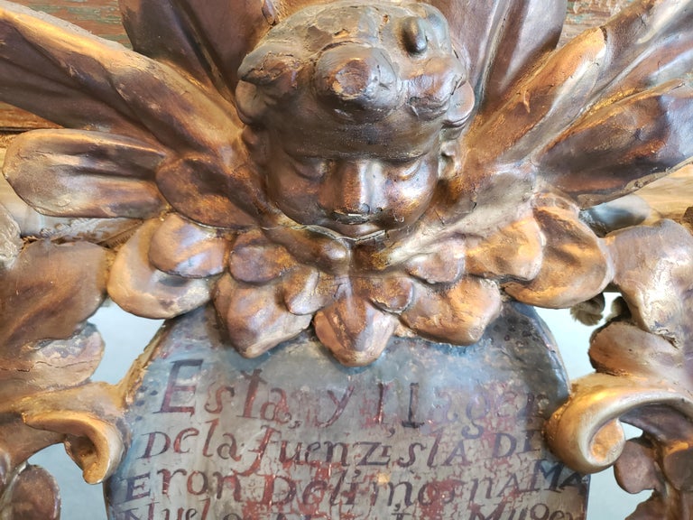 Antique Gilded Cherub Cartouche Fragment with Script at 1stDibs