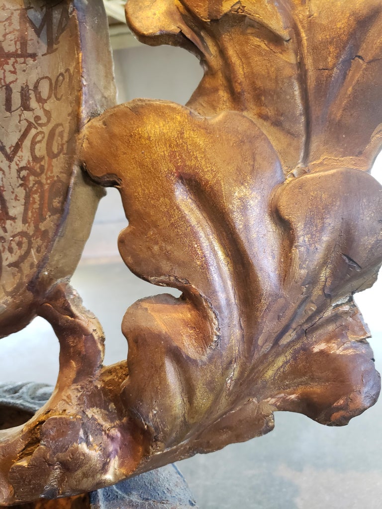 Antique Gilded Cherub Cartouche Fragment with Script at 1stDibs