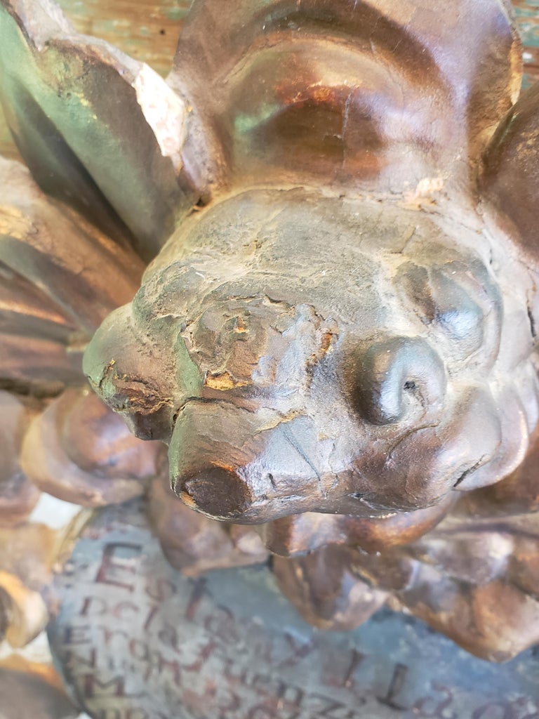 Antique Gilded Cherub Cartouche Fragment with Script at 1stDibs