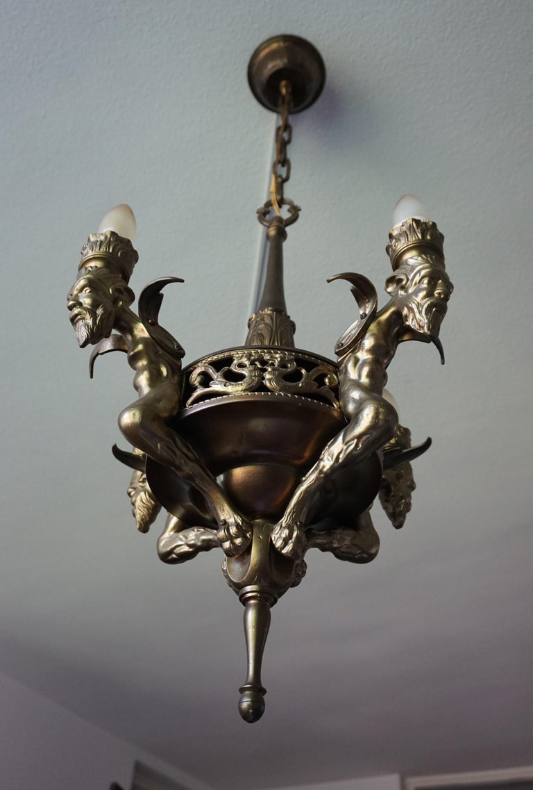 Antique Gilt Bronze and Brass Gothic Revival Pendant Light with Chimera ...
