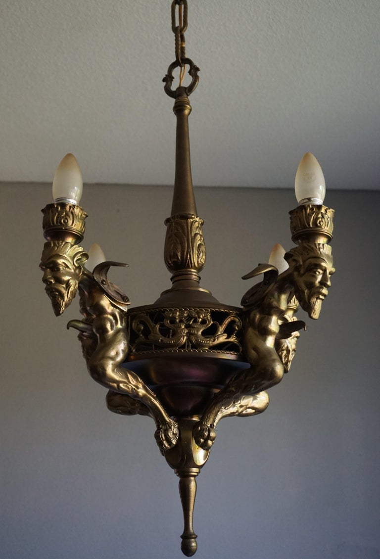 Antique Gilt Bronze and Brass Gothic Revival Pendant Light with Chimera ...