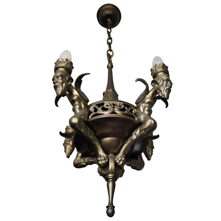 Antique Gilt Bronze and Brass Gothic Revival Pendant Light with Chimera ...