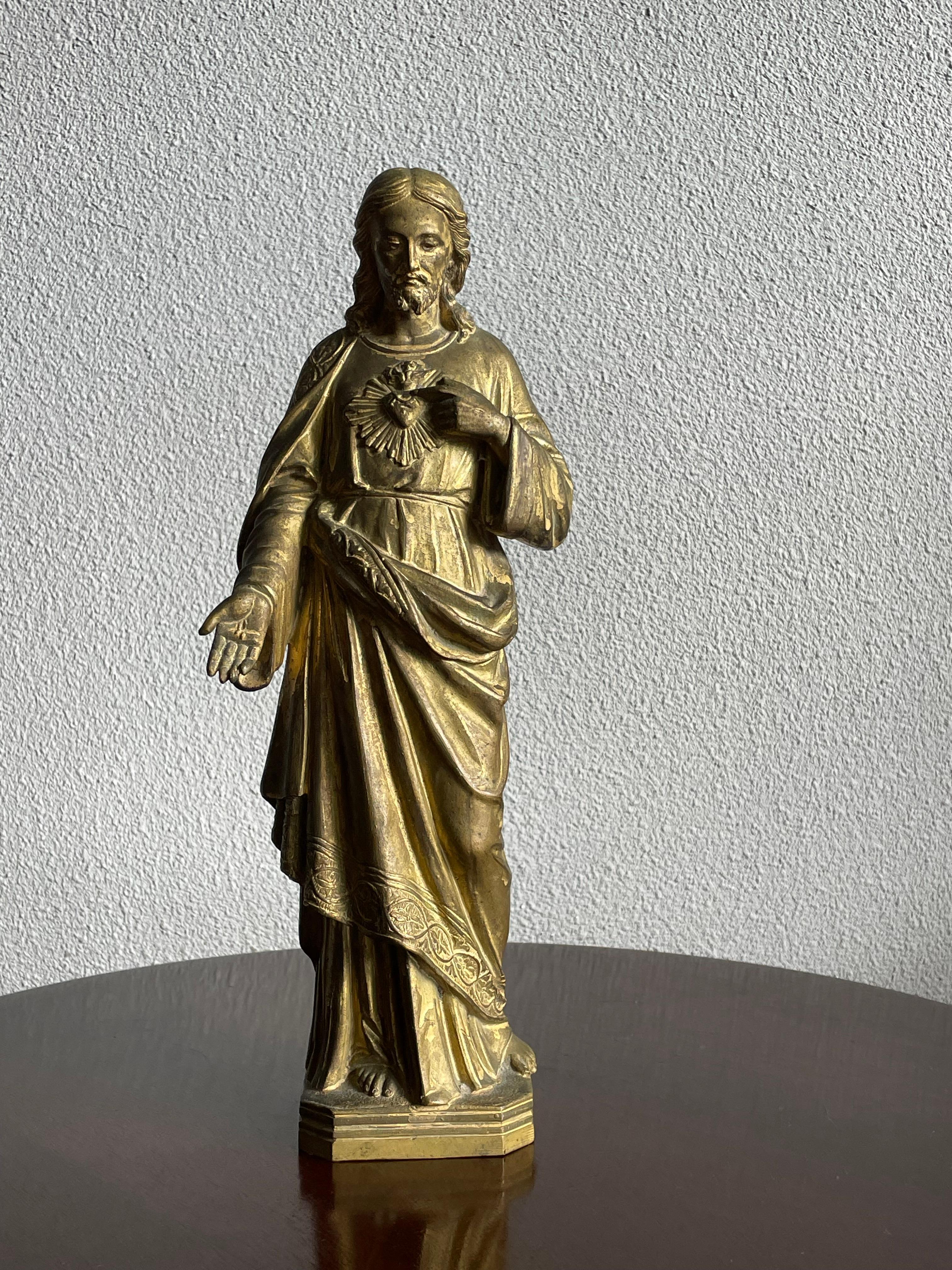 Antique and Gilt Gothic Style Holy Heart Sculpture of Christ w. Maker's ...