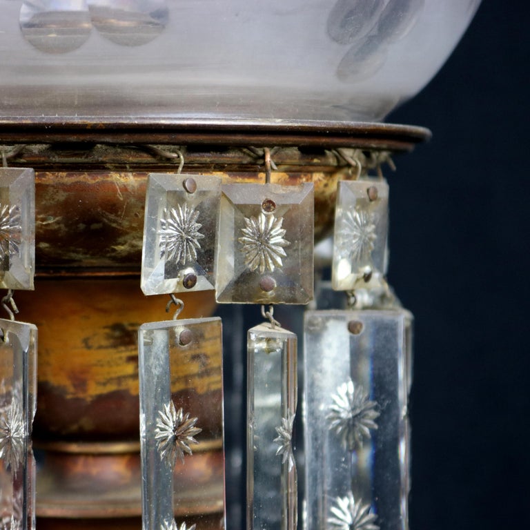 Antique Gilt Metal and Crystal Electrified Solar Lamp with Etched Glass ...
