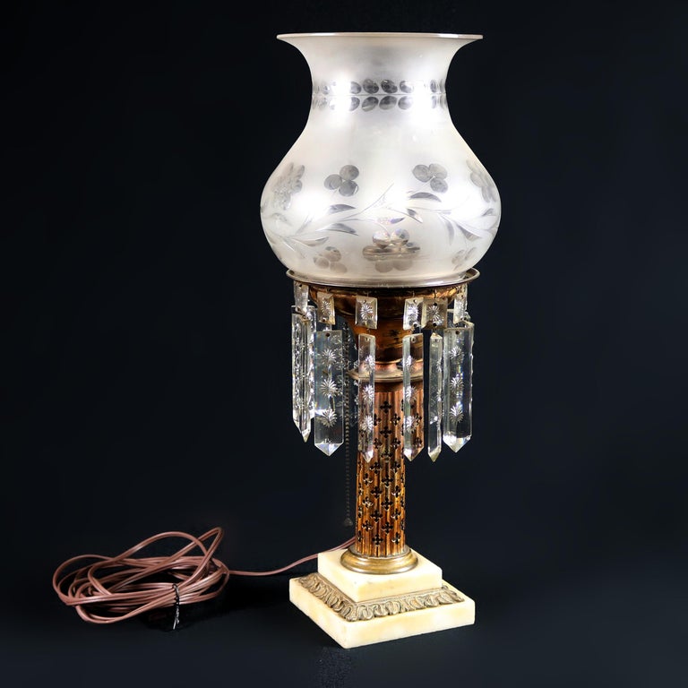 Antique Gilt Metal and Crystal Electrified Solar Lamp with Etched Glass ...
