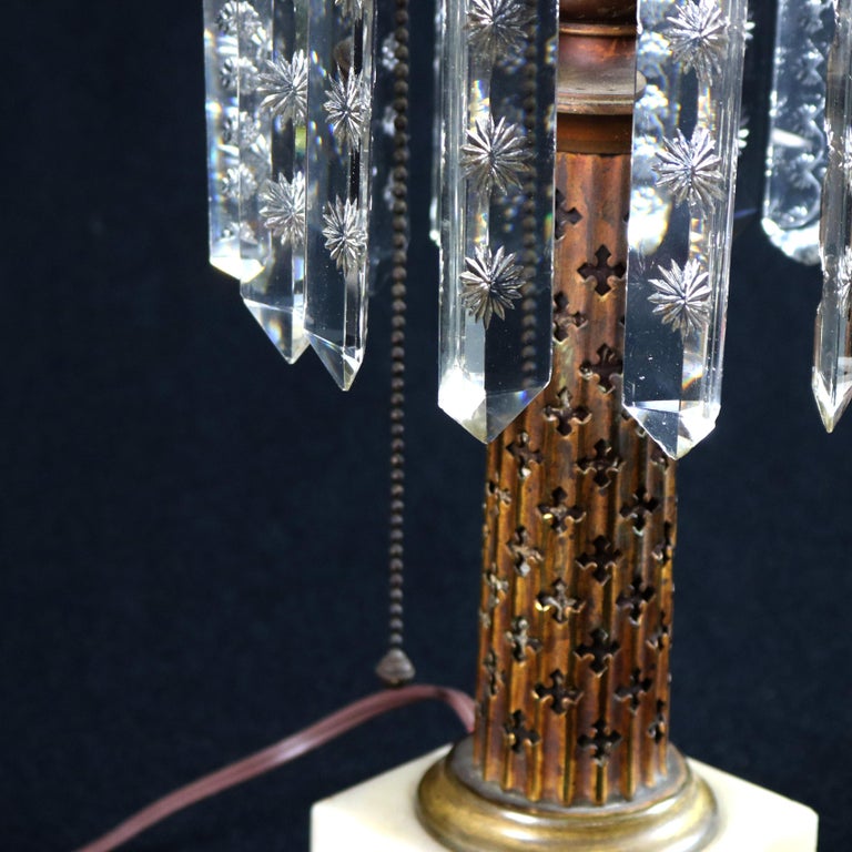 Antique Gilt Metal and Crystal Electrified Solar Lamp with Etched Glass ...
