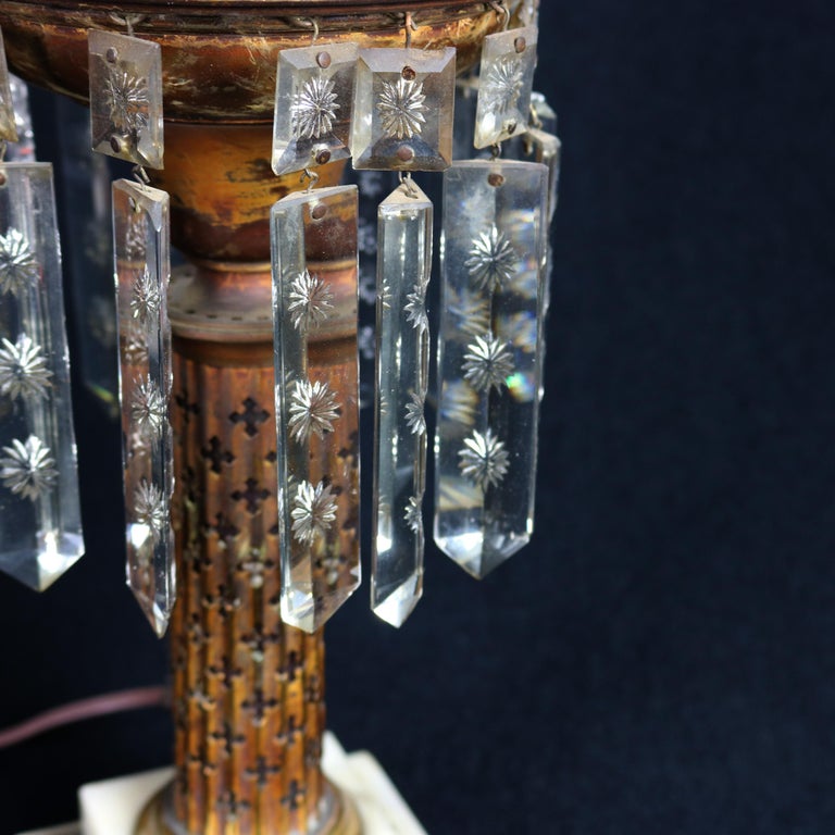 Antique Gilt Metal and Crystal Electrified Solar Lamp with Etched Glass ...