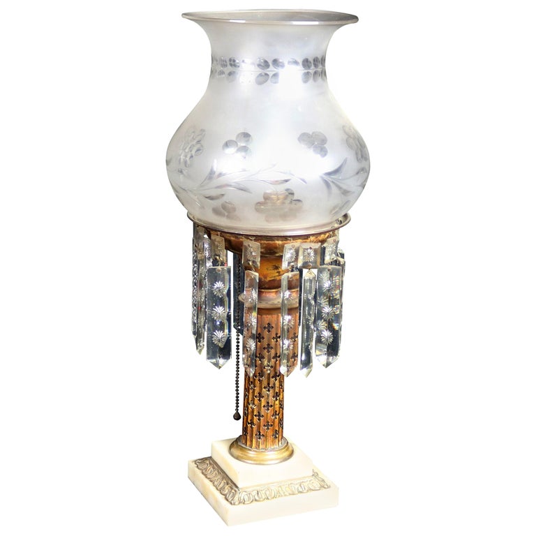 Antique Gilt Metal and Crystal Electrified Solar Lamp with Etched Glass ...