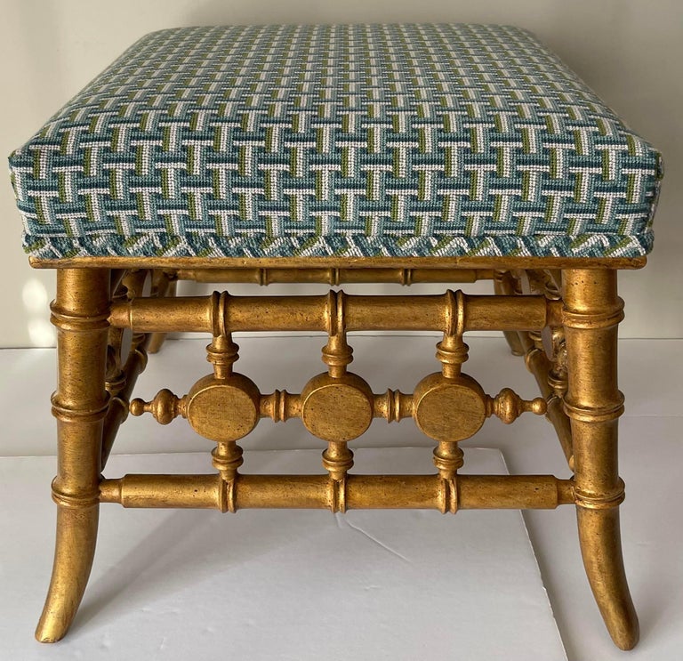 Antique Giltwood Faux Bamboo Stool Newly Upholstered For Sale at 1stDibs