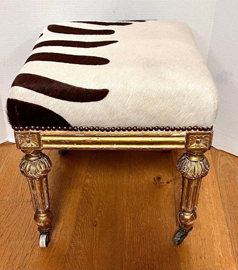 Antique Giltwood Zebra Print Cowhide Upholstered Stool For Sale at 1stDibs