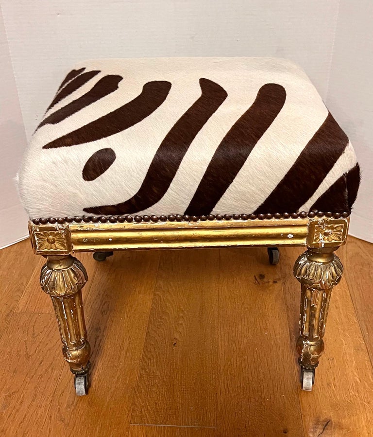 Antique Giltwood Zebra Print Cowhide Upholstered Stool For Sale at 1stDibs
