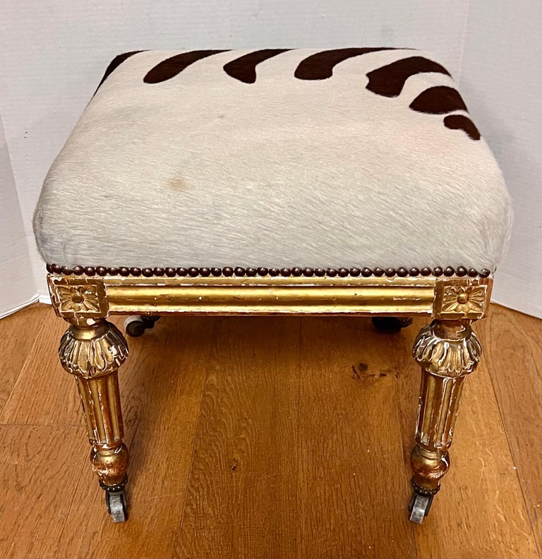 Antique Giltwood Zebra Print Cowhide Upholstered Stool For Sale at 1stDibs