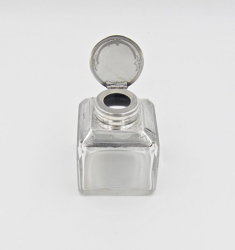 Antique Glass Inkwell with Sterling Silver Lid and Collar, 1894 at 1stDibs
