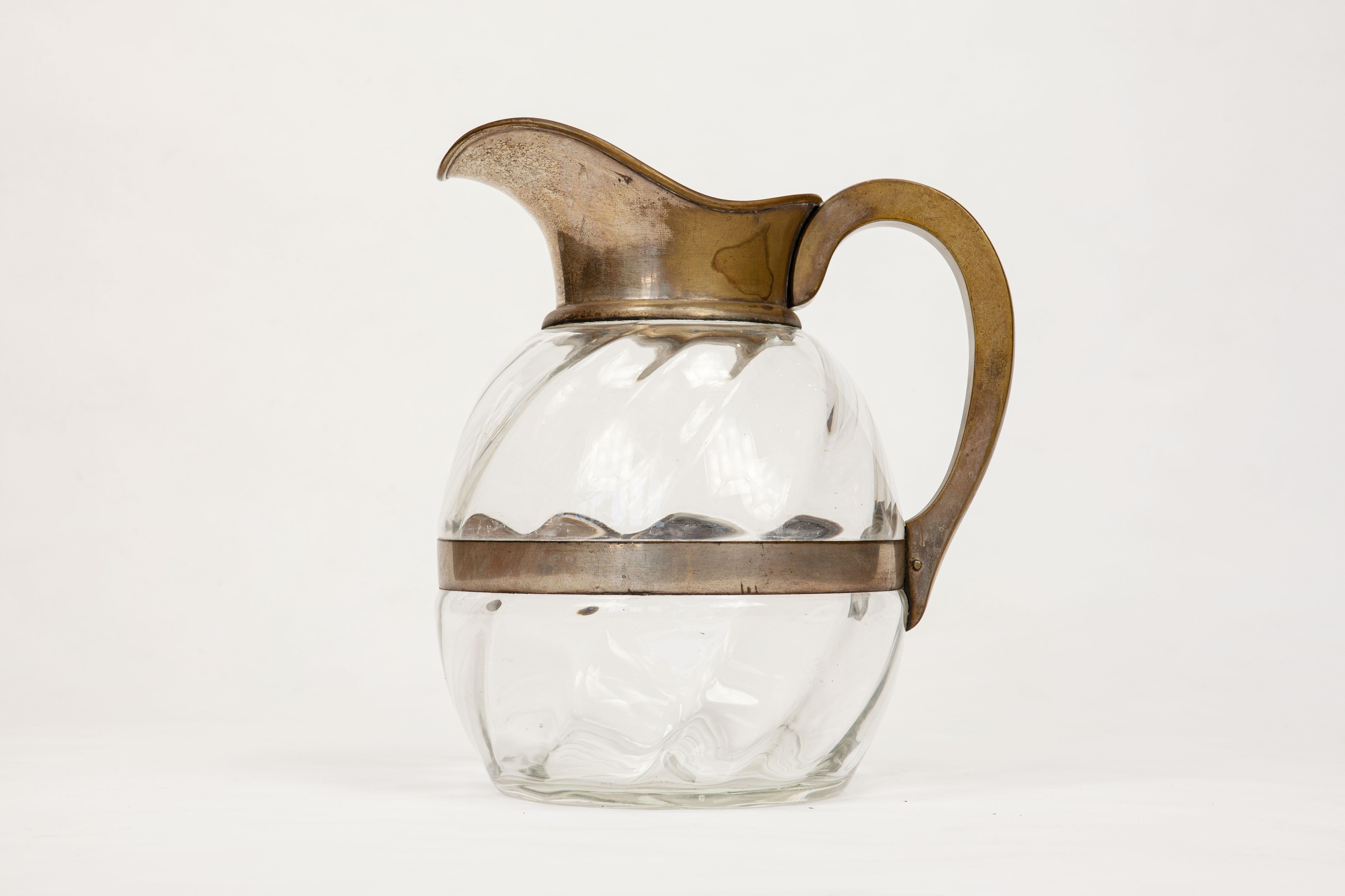 Antique Glass Water Pitcher with Metal Handle, Spout and Belly Band ...